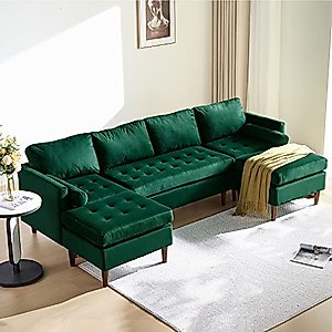 wirrytor Modular Sectional Sofa, Velvet U Shaped Couch, Modular Sectional with Reversible Ottomans for Living Room, Green