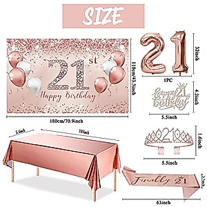 Trgowaul 21st Birthday Decorations for her, Rose Gold 21 Birthday Banner, Tablecloth, 21st Birthday Sash and Crown, 1PC 21st Cake Topper, Pink 21 Number Balloons Happy 21 Birthday Decorations Women