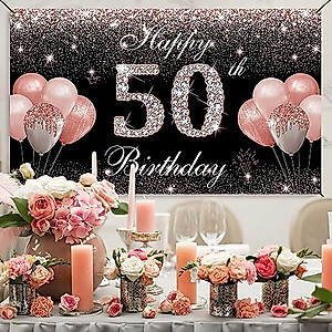 HTDZZI 50th Birthday Banner Backdrop, Happy 50th Birthday Decorations for Women Rose Gold, Fabulous 50 Year Old Birthday Party Yard Sign Photo Booth Props Background Decor Supplies, Fabric