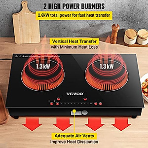 VEVOR Built-in Induction Electric Stove Top 24 Inch,2 Horizontal Burners Electric Cooktop,9 Power Levels & Sensor Touch Control,Easy to Clean Ceramic Glass Surface,Child Safety Lock,110V