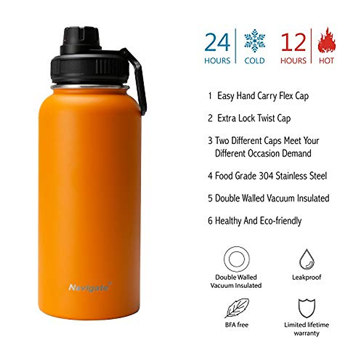 NAVIGATE 32oz Wide Mouth Stainless Steel Water Bottle with Two Lids, Double Walled Vacuum Insulated Travel Sports Flask Cup |Keep Drink Stay Cold & Hot, Leak Proof