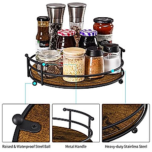 Honiter Wooden Serving Tray, Decorative Tray for for Coffee Table Centerpieces, Coffee Table Tray, Wood and Metal Serving Tray with Handles, Round Tray, Farmhouse Ottoman Tray for Kitchen Countertop