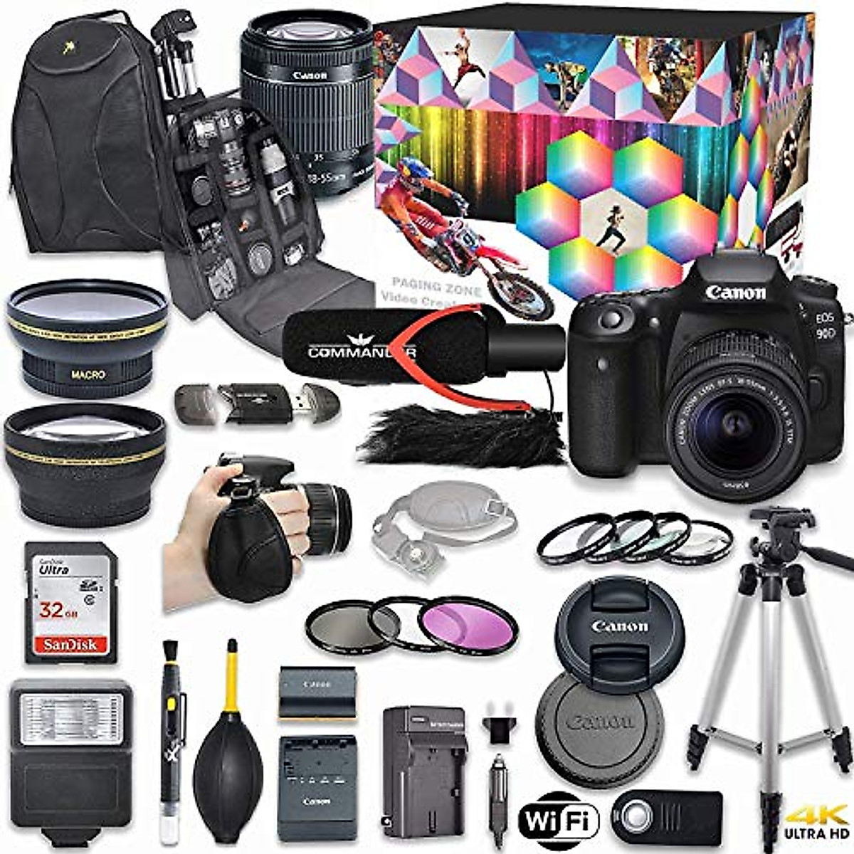 Canon EOS 90D DSLR Camera Deluxe Video Kit with Canon EF-S 18-55mm f/3.5-5.6 is STM Lens + Commander Pro Microphone + SanDisk 32GB SD Memory Card + Accessory Bundle