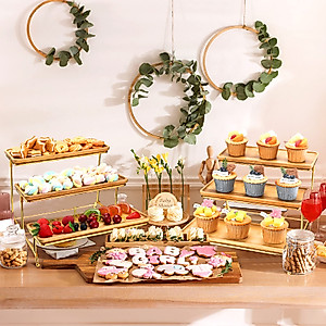 Thyle 2 Pcs 3 Tier Serving Trays Stand Rectangle Bamboo Tiered Serving Platters Dessert Table Display Set with 4 Pcs Tongs Trays with Metal Rack for Easter Wedding Party Food Cupcake(Gold)