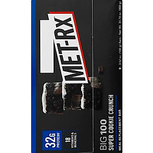MET-Rx Big 100 Protein Bar, Meal Replacement Bar, 32G Protein, Super Cookie Crunch, 9 Bars (Pack of 1)