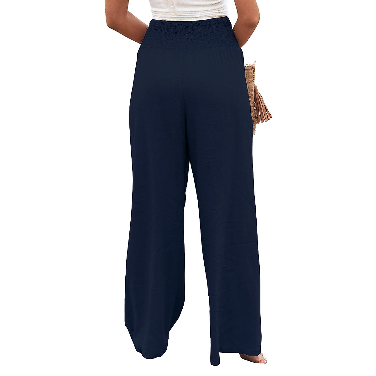 utcoco Womens Wide Leg Linen Palazzo Pants Casual Elastic Waisted Loose Fit Trousers (XXL, Navy Blue)