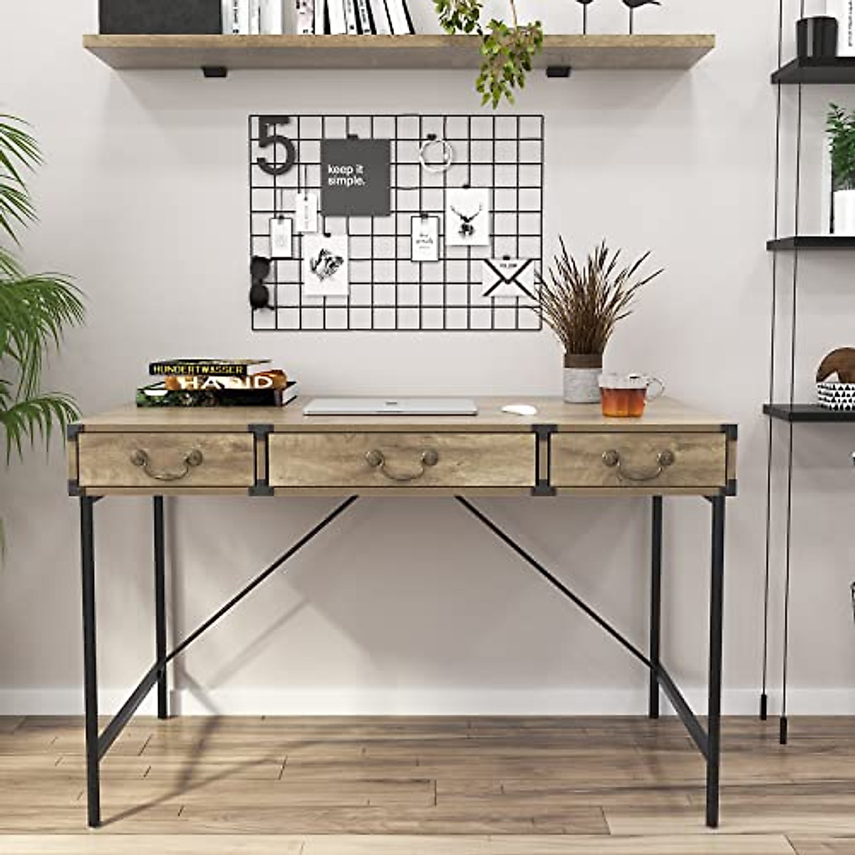 DlandHome Computer Desk with Drawers Mid Century Modern Desk, 47.2 Inch Vanity Desk with 2-Drawers, Office Desk with Drawers Writing Desk Study Table Makeup Tables Dresser Table