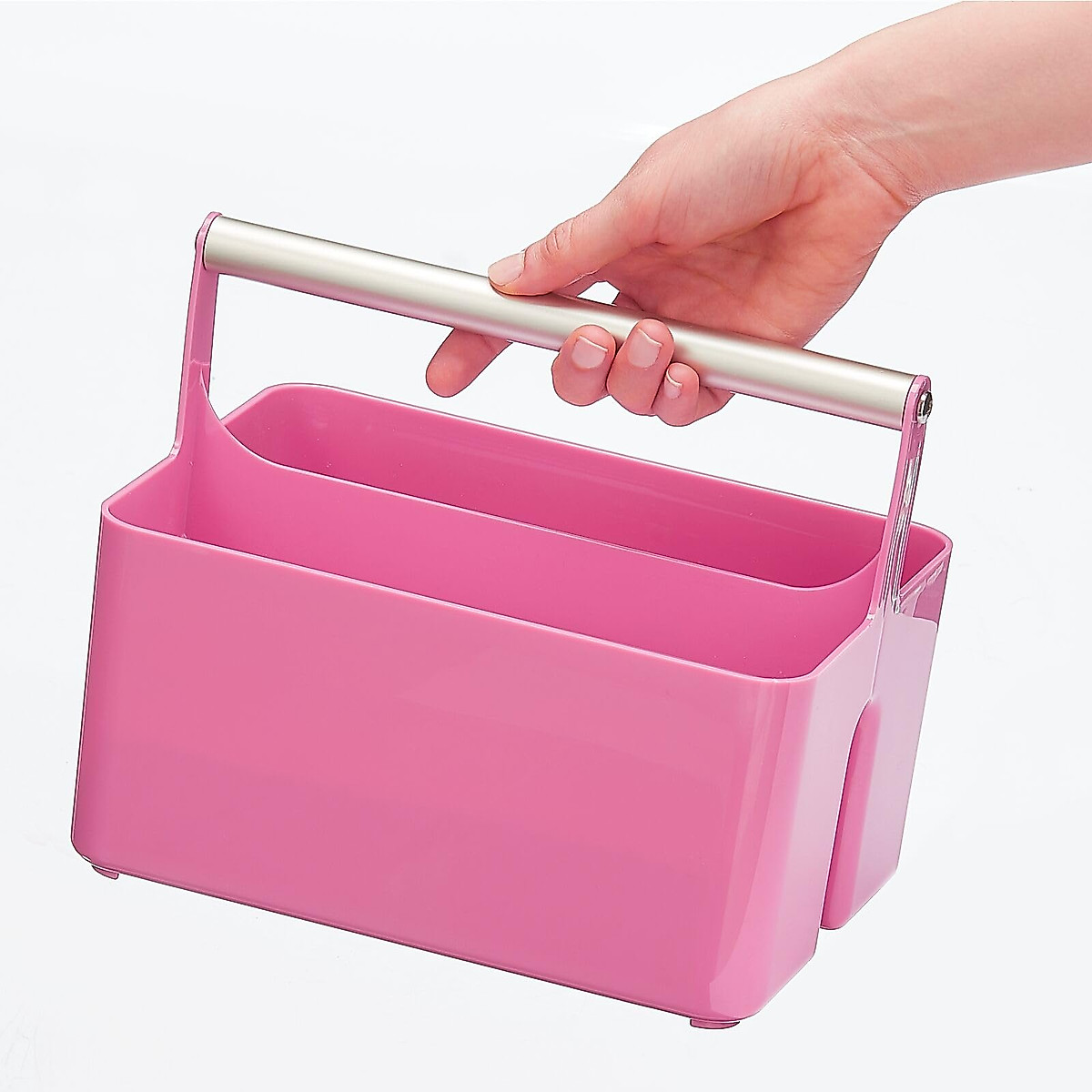 mDesign Plastic Shower Caddy Storage Organizer Utility Tote, Divided Basket Bin - Metal Handle for Bathroom, Dorm, Kitchen, Holds Soap, Shampoo, Conditioner - Aura Collection - Rose Pink/Satin