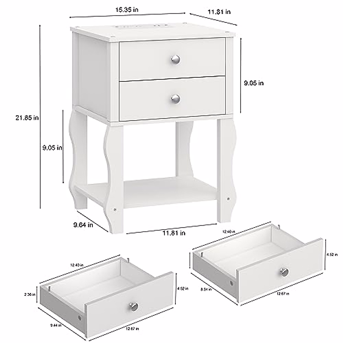 White Nightstand with Charging Station,2 AC and 2 USB Power Outlets, Small End Table with 2 Drawers, Mid-Centry Modern Nightstand for Bedroom,Dormitory,11.81" D x 15.35" W x 21.85" H XXCTG03W-E