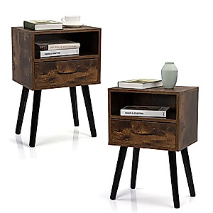 JAXPETY Nightstands Set of 2, Night Stand with Drawer and Open Storage Shelf, Bedside Tables with Solid Wood Legs, End Table, Side Table, for Bedroom, Retro Brown