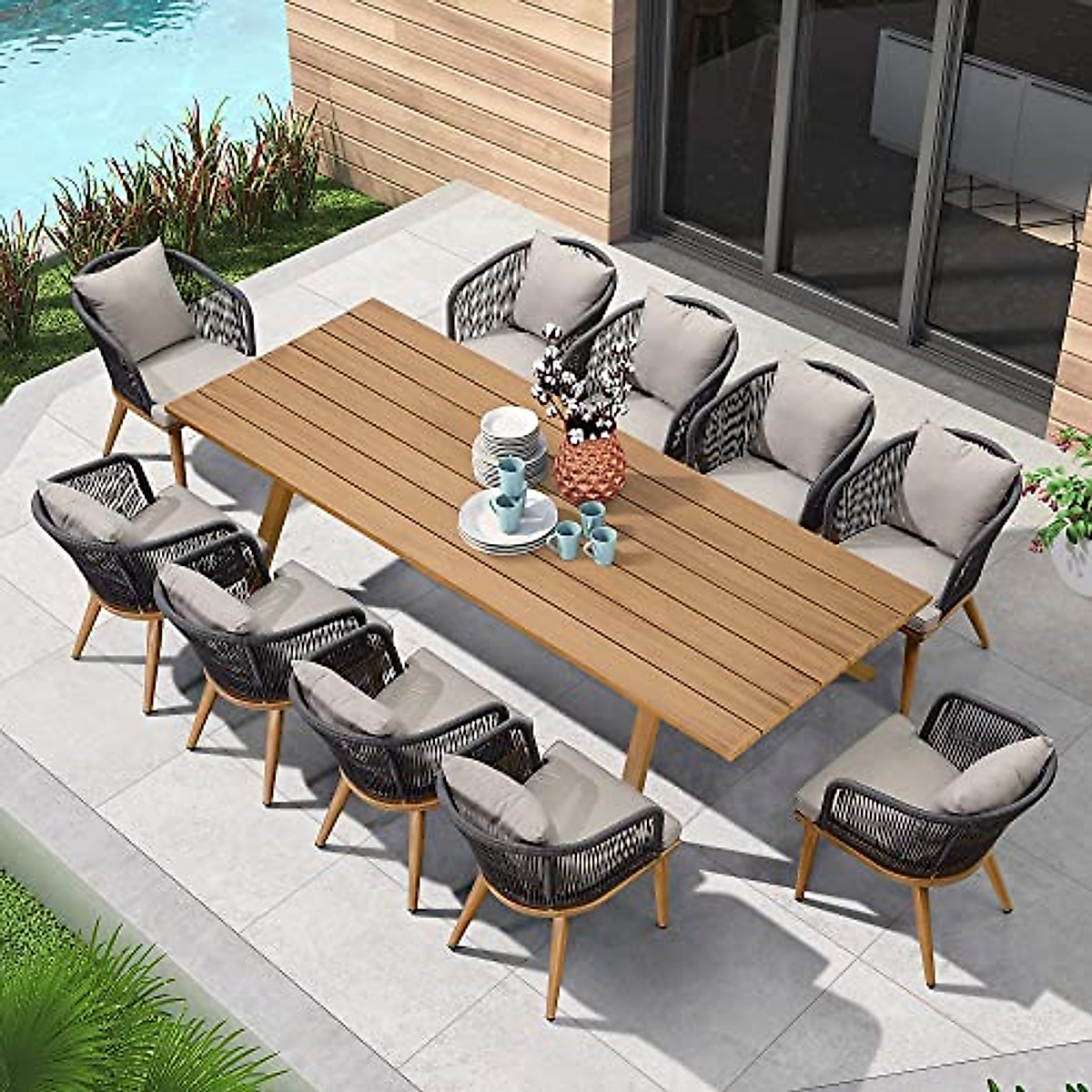 PURPLE LEAF 11 Pieces Patio Dining Set Wicker Outdoor Furniture Rectangular Table and Chairs Set for Garden Deck Teak-Finish Aluminum Frame Backyard Kitchen Set, Cushions and Pillows Included