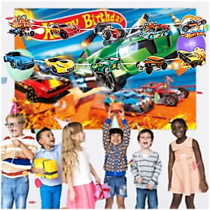 Hot Cars Porch Sign Door Hanging Banner, Cars Themed Birthday Party Supplies for Boys and Girls Kids Party Decorations Decor