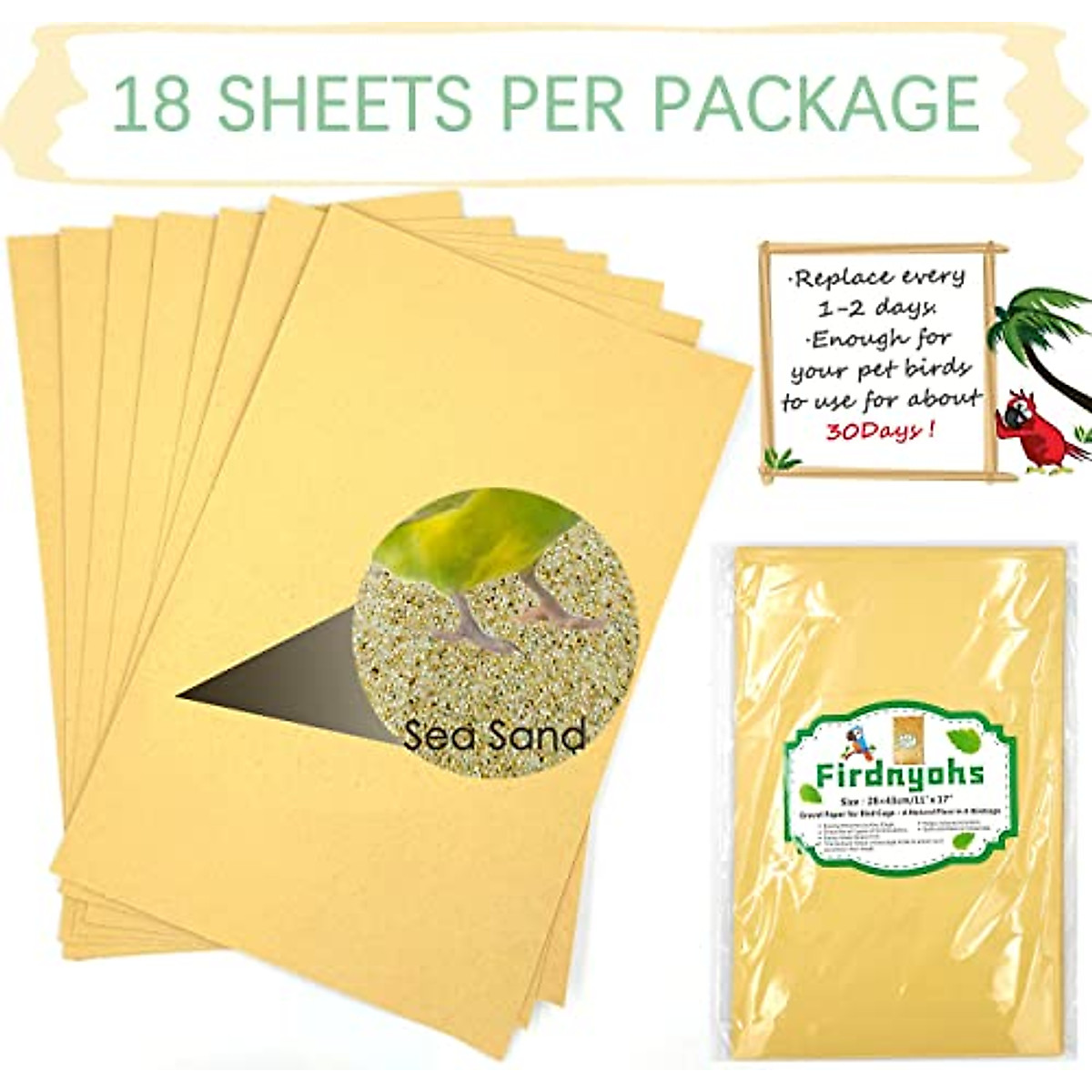 18PCS Gravel Paper for Bird Cage,11x17 Inch Bird cage Liner Gravel Paper Special for Bird Cage in sea Sand-Great for Hard-Billed Birds Safe& Clean & Easy for Improved Digestion