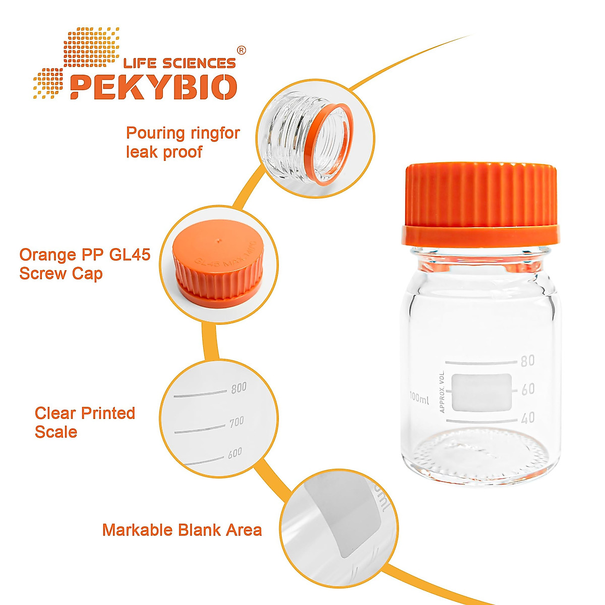 PEKYBIO Glass Media Bottle 100ml Round Storage Bottles 3.3 Borosilicate Glass Regent Bottles with PP GL45 Screw Cap (Pack of 6)
