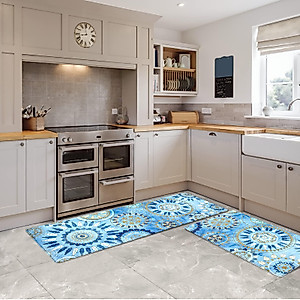 FRAMICS Boho Kitchen Rugs and Mats Cushioned Anti-Fatigue Kitchen Rug, Waterproof Non-Slip Kitchen Mats and Rugs, Memory Foam Bohemian Kitchen Floor Mat for Home Office Laundry, 18" x 48" + 18" x 30"