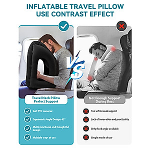 JefDiee Inflatable Travel Pillow, Airplane Neck Pillow Comfortably Supports Head and Chin for Airplanes, Trains, Cars and Office Napping with 3D Eye Mask, Earplugs and Portable Drawstring Bag (Black)