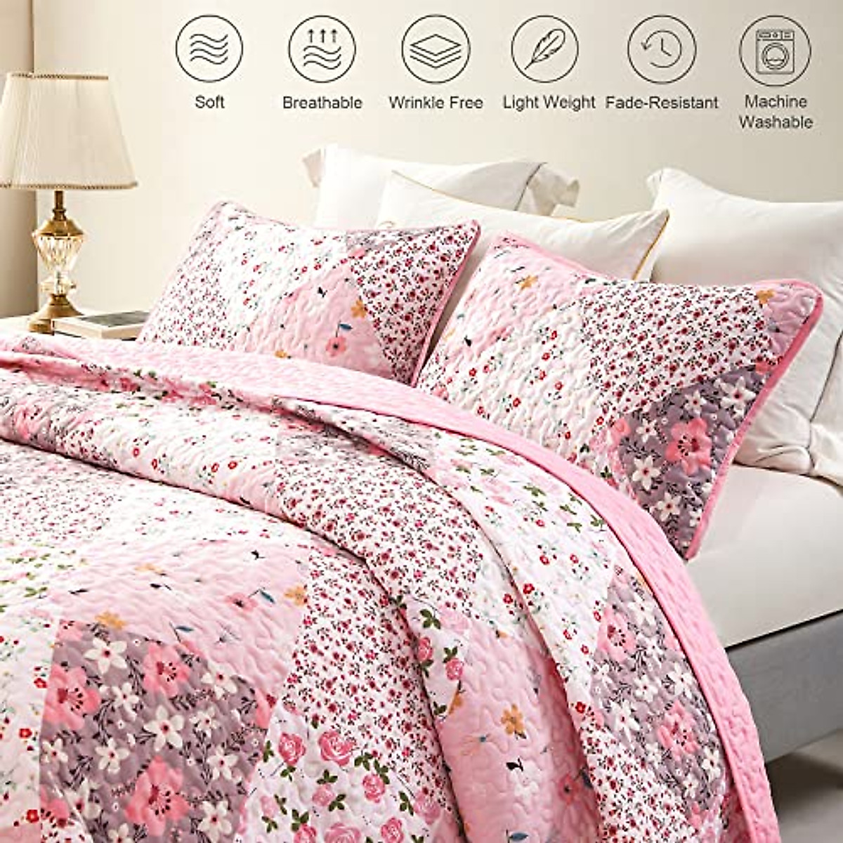 Whale Flotilla 3-Piece Printed Queen Size Quilt Bedding Set with 2 Pillow Shams Lightweight Reversible Bedspreads Coverlet Set for All Season, Pink