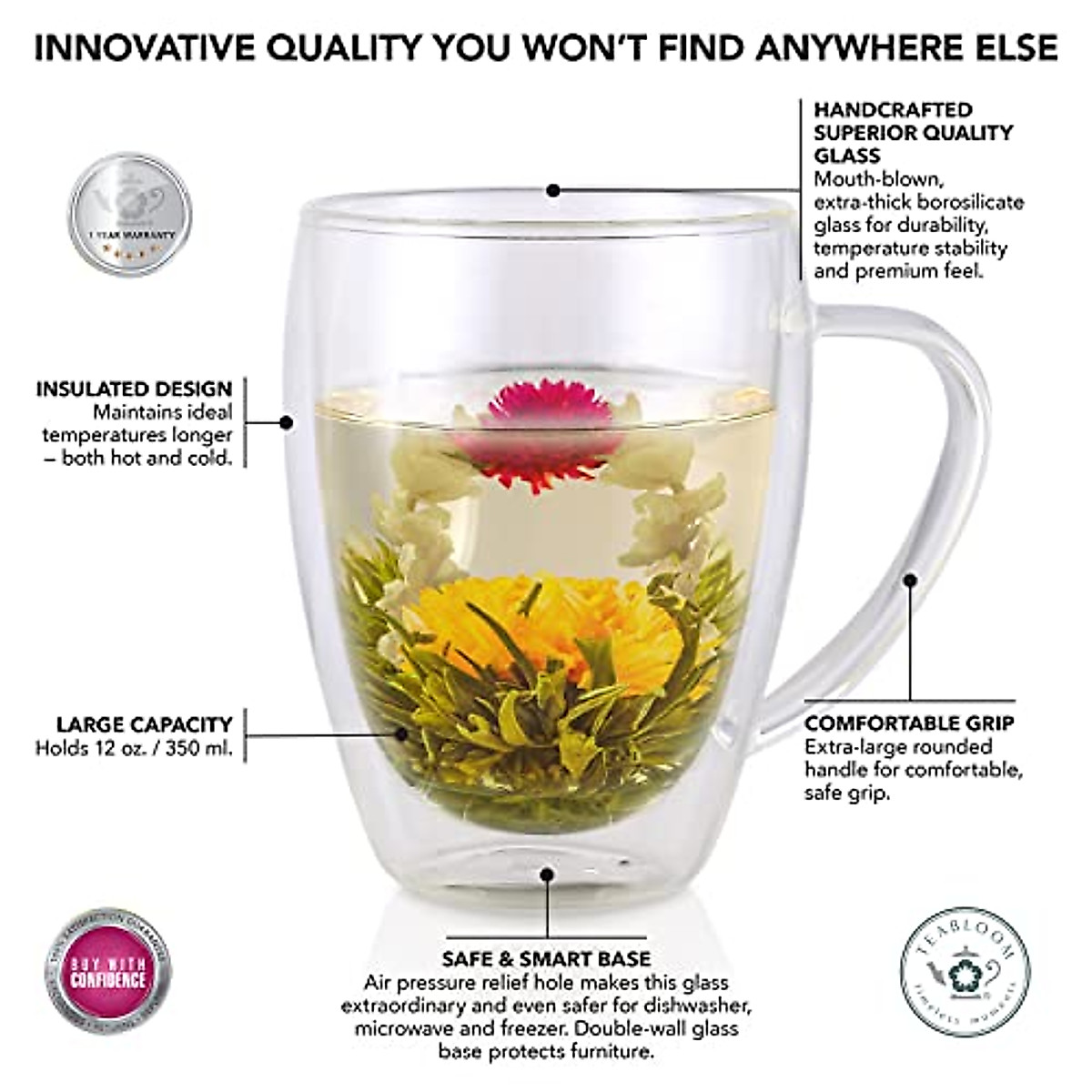 Teabloom Double Walled Glasses - Set of 2 Insulated Glass Mugs for Tea, Coffee, and More (12 Ounces) – Clear Bliss Collection