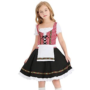 IBTOM CASTLE Oktoberfest Dress, Kids Girls German Oktoberfest Costume Traditional Bavarian Beer Carnival Fraulein Cosplay Dress Outfit Pink Plaid Top Swing Vintage Pageant Dress Black 3-4T