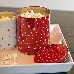 WHW Whole House Worlds 2 Piece Red and White Cookie Tin Set With Detachable Lids, Merry Star Pattern, Cylinders, 5 and 6.25 Inches Tall