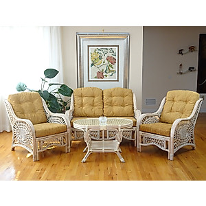 Malibu Lounge Set of 4: 2 Natural Rattan Wicker Chairs, Loveseat with Light Brown Cushions and Coffee Table w/Glass Handmade, White Wash