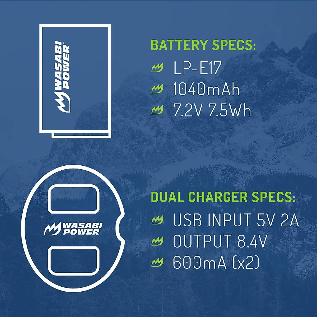 Wasabi Power LP-E17 Battery (2-Pack) and Dual USB Charger for Canon LP-E17 and Canon EOS R10, EOS RP, EOS M6 Mark II, M6, M5, M3, EOS Rebel T8i, T7i, T6i, T6s, EOS Rebel SL3, SL2, EOS 77D
