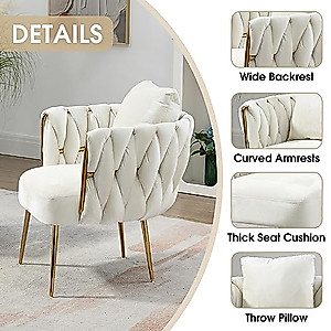 NIOIIKIT Modern Velvet Accent Chair, Hand Weaving Upholstered Armchair with Throw Pillow, Leisure Single Reading Sofa Chair with Gold Metal Legs for Living Room, Bedroom, Office (Beige)