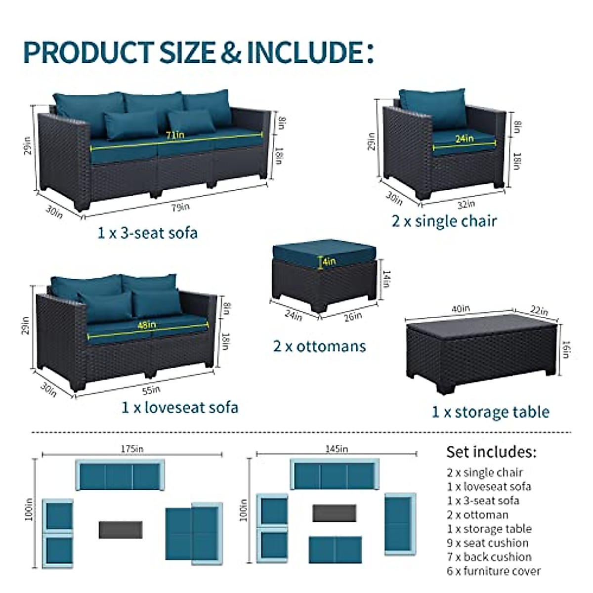 Rattaner Patio Furniture Set 7 Pieces Couch Outdoor Chairs Coffee Table Peacock Blue Anti-Slip Cushions and Waterproof Covers