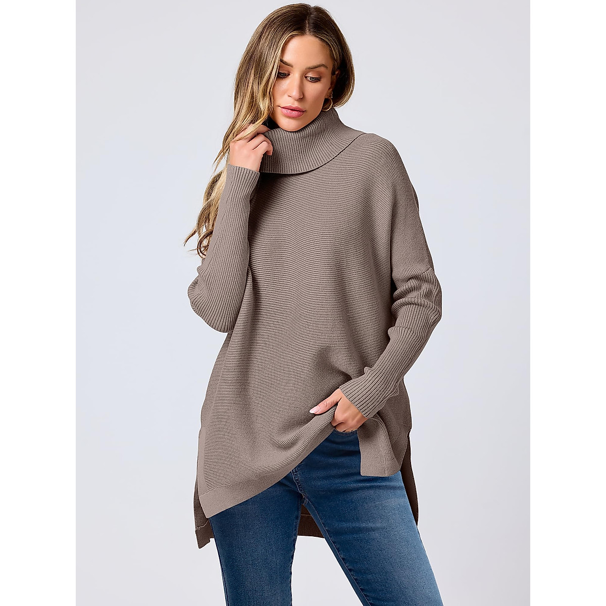 ANRABESS Women's Oversized Turtleneck Batwing Sleeve Spilt Casual Loose Knit Tunic Pullover Sweater Tops 2025 Fall Outfits Brown Small
