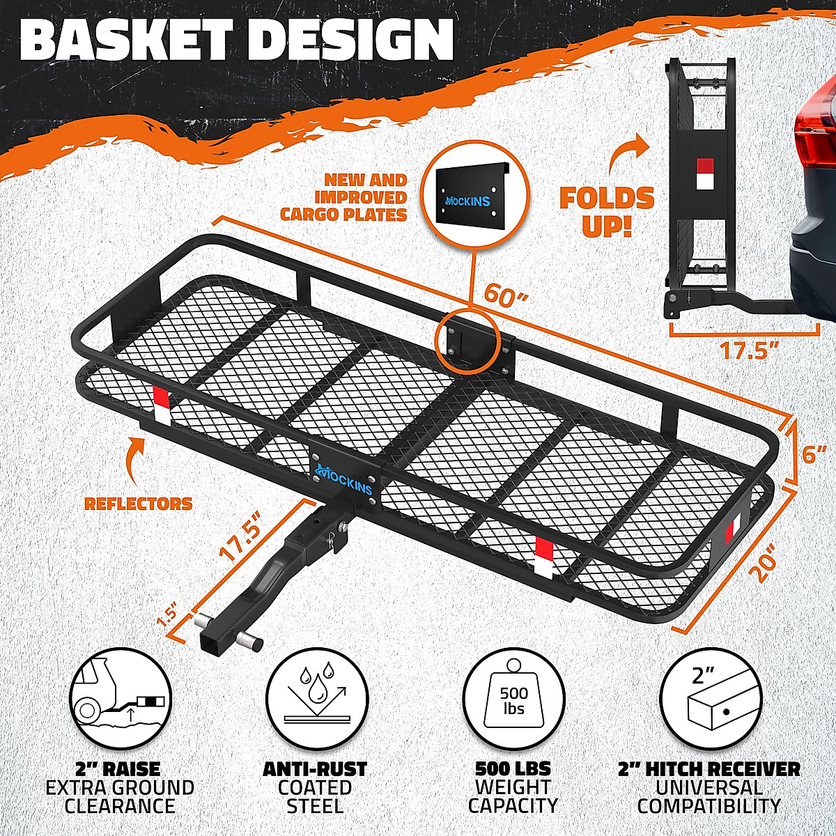 Mockins 60x20x6 Heavy-Duty Trailer Hitch Cargo Carrier 500lb Cap & 16 CuFt Soft Shell Waterproof Luggage Cargo Bag |Folding Hitch Cargo Carrier w/Net & Hitch Accessories |2" Receiver Hitch Cargo Rack