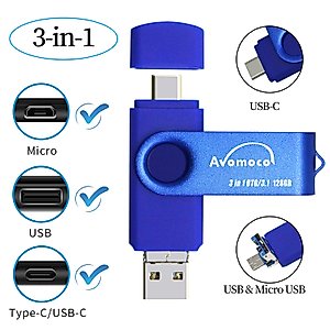 AVOMOCO 3.1 128GB 3 in1 High Speed Photo Backup Flash Drive for Android Phones wtih Type C/Micro Port&Tablets&PC. Photo-Stick-for Samsung Phones,LG,Google,Hua Wei.Moto, one Plus.etc