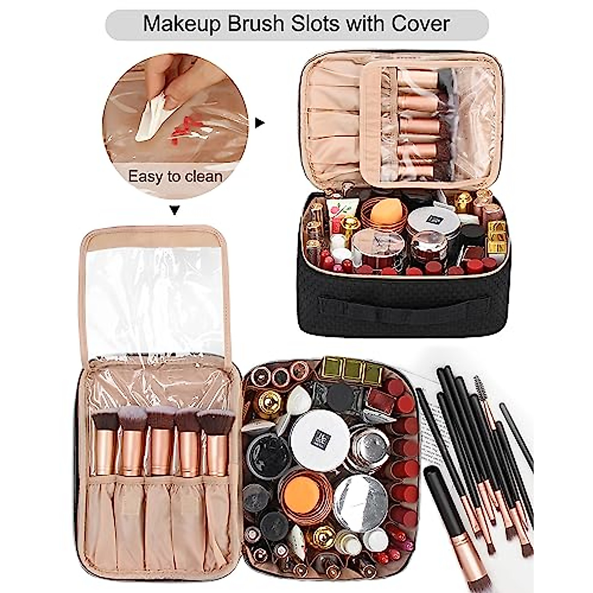 Relavel Travel Makeup Bag, Large Cosmetic Organizer Case Travel Toiletry Storage Train Case for Women and Girls, with Brush Compartment and Easy to Clean Lining, Black