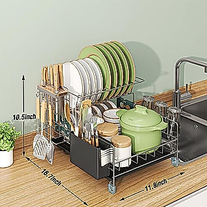 Youvip Dish Drying Rack for Kitchen Counter, 2 Tier Dish Racks with Drainboard Set, Dish Drainers with Utensil Holder, Cups Holder, Kinfe Block and Drying mat