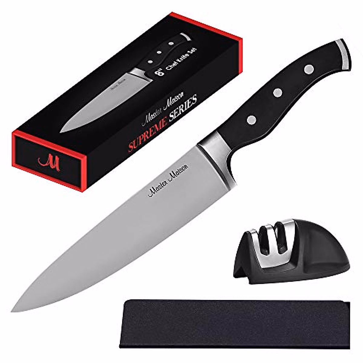 Master Maison Chef Knife Set - 8" Professional Premium German Stainless Steel Kitchen Knife Set with Sharpener & Edge Guard – Super Sharp Chef Knife - Durable Knives for Home & Professional Cooking