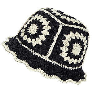 Zando Crochet Bucket Hats for Women Handmade Crochet Hats for Women Foldable Knit Bucket Hat Floral Womens Bucket Hat Summer Fashion Knitted Hat Cloche Cute Bucket Hats for Women Black Bucket Hat