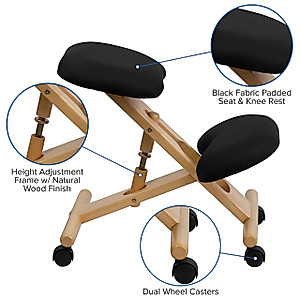 EMMA + OLIVER Mobile Wooden Ergonomic Kneeling Office Chair in Black Fabric
