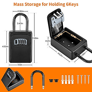 Portable Key Lock Box, Upgrade Clearly Visible Numbers, Lock Box Wall Mounted for House Key, 5 Key Capacity, Weatherproof Resettable Code (1 Pack, Black)