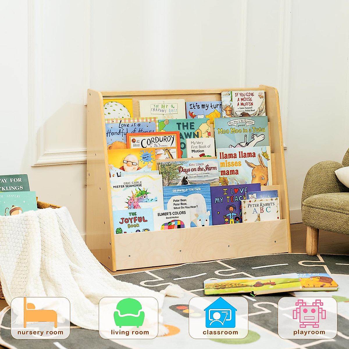 kidi house Single-Sided Kids Bookshelf Montessori Bookshelf Wooden 4-Tier Shelves Birch Book Display Shelf Easy Reach Baby Toddler Bookshelf for Nursery Classroom Kids Room Playroom Living Room