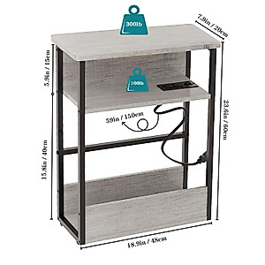 GGWEW Narrow End Table with Charging Station, 3 Tier Slim Side Table for Small Spaces, 23.6 Inch Height Thin Tables with Storage Shelf and Magazine Rack for Living Room, Griege