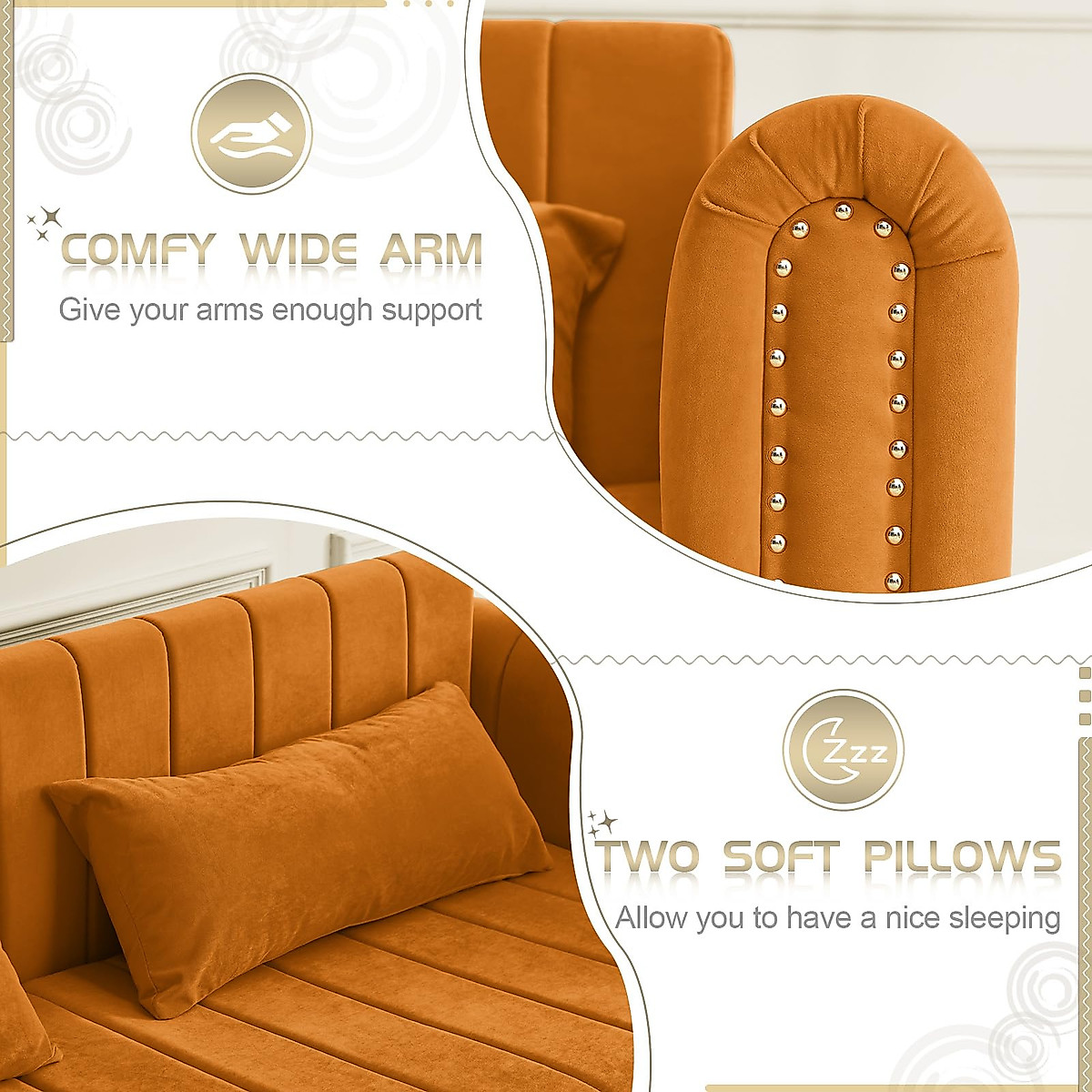 Antetek Oversized Sleeper Sofa w/Pullout Bed, 82-inch Modern Velvet Fabric Deep 3-Seat Couch with Metal Frame, 2 Toss Pillows, Comfy Upholstered Furniture for Living Room, Orange