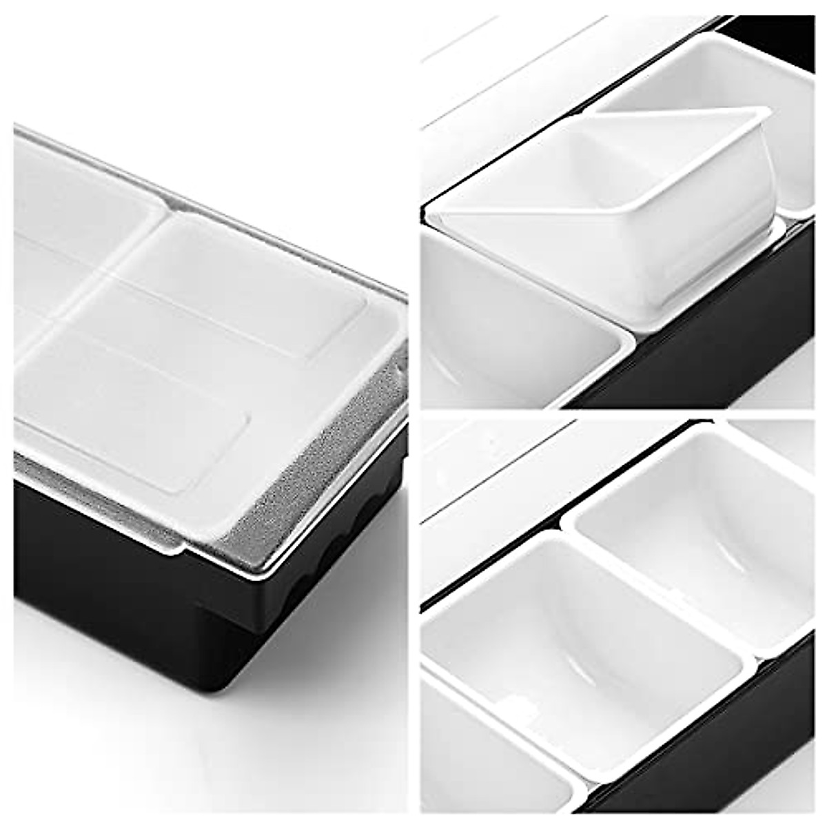 kinsong KINSONG Ice Chilled Serving Tray Condiment Pots 4 Compartment Condiment Server Caddy (Black, 4 Compartments)