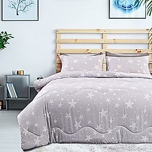 Qucover Star Comforter Set Full Size, 3-Piece Reversible Grey & White Star Pattern Bedding Comforter Set for Boys, Girls, Teen, Super Soft Warm Winter Thick Comforter with 2 Pillowcase, 79x90 in