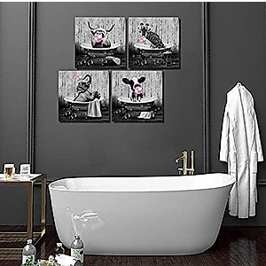 KALAWA Bathroom Pictures Wall Decor Set of 4 Funny Animal Black and White Bathroom Decor Wall Art Pink Bubble Canvas Wall Art Highland Cow Giraffe Elephant Cows Home Decor Framed Ready to Hang 12x12