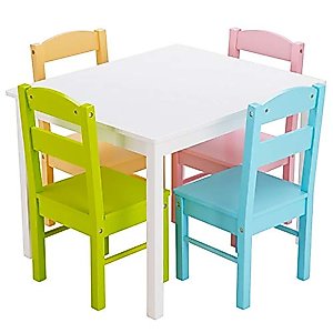HAPPYGRILL Mini Table and Chairs Furniture Set, Children 5 Pieces Wood Table & Chair Set, Kids Table and Chairs for 2-6 Years