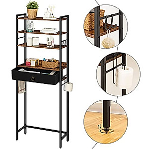 HOOBRO Over The Toilet Storage, 5 Tier Bathroom Organizer with Storage Drawer, Freestanding Bathroom Spacesaver with Laundry Hooks, Toilet Paper Holder, Stable and Sturdy, Rustic Brown BF51TS01