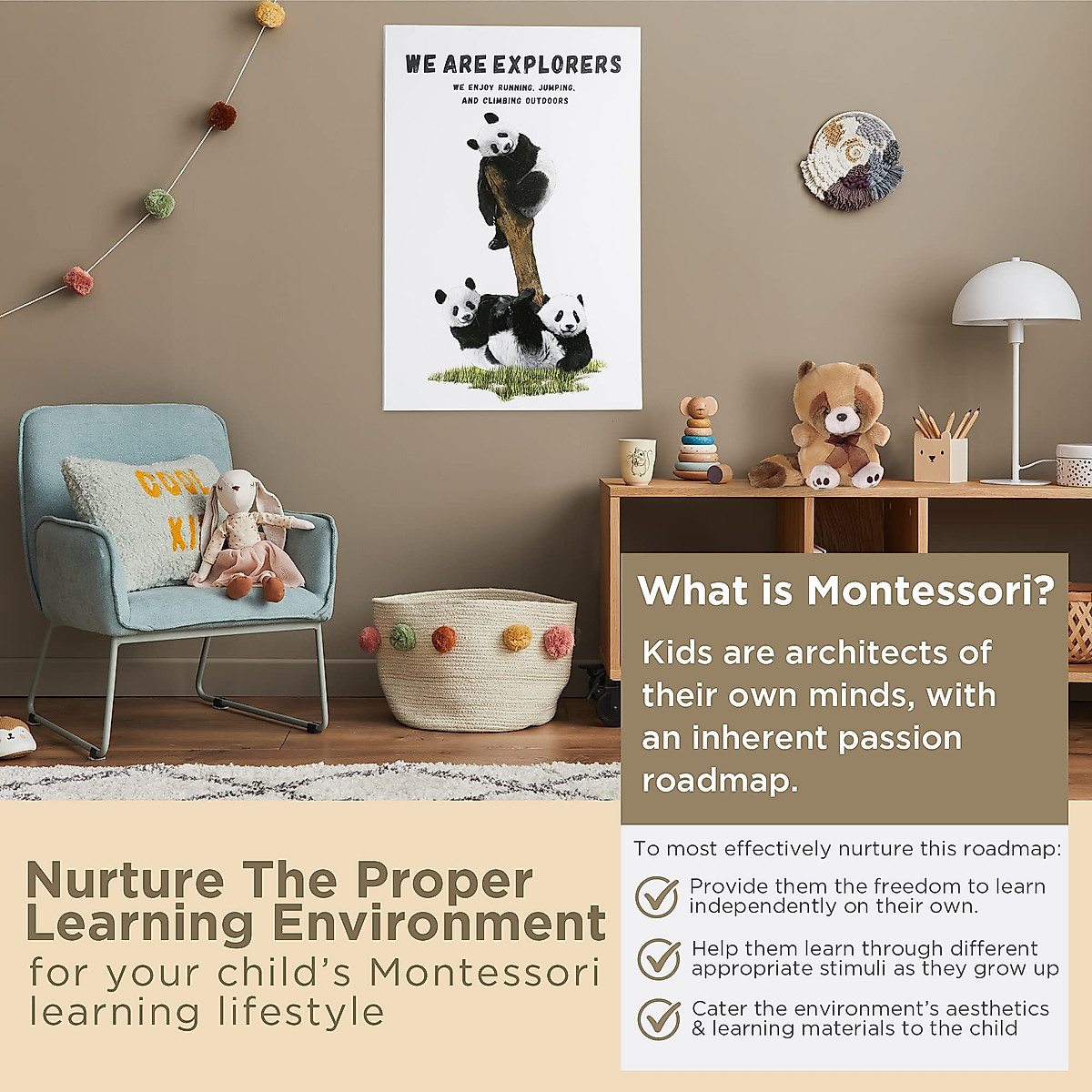 Montessori Canvas Wall Art for Babies - 3 Sizes, Ants Playroom Wall Decor, We Are Helpful Quote - Giclee Framed Animal Prints for Nursery in Damage-Resistant Canvas - Ready to Hang Wall Art (12"x18")