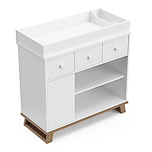 Storkcraft Modern Nursery Changing Table Combo Dresser (White with Vintage Driftwood) – Removable Changing Table Topper Fits Standard-Size Baby Changing Pad, 2 Drawers, 1 Cabinet, Storage Shelves