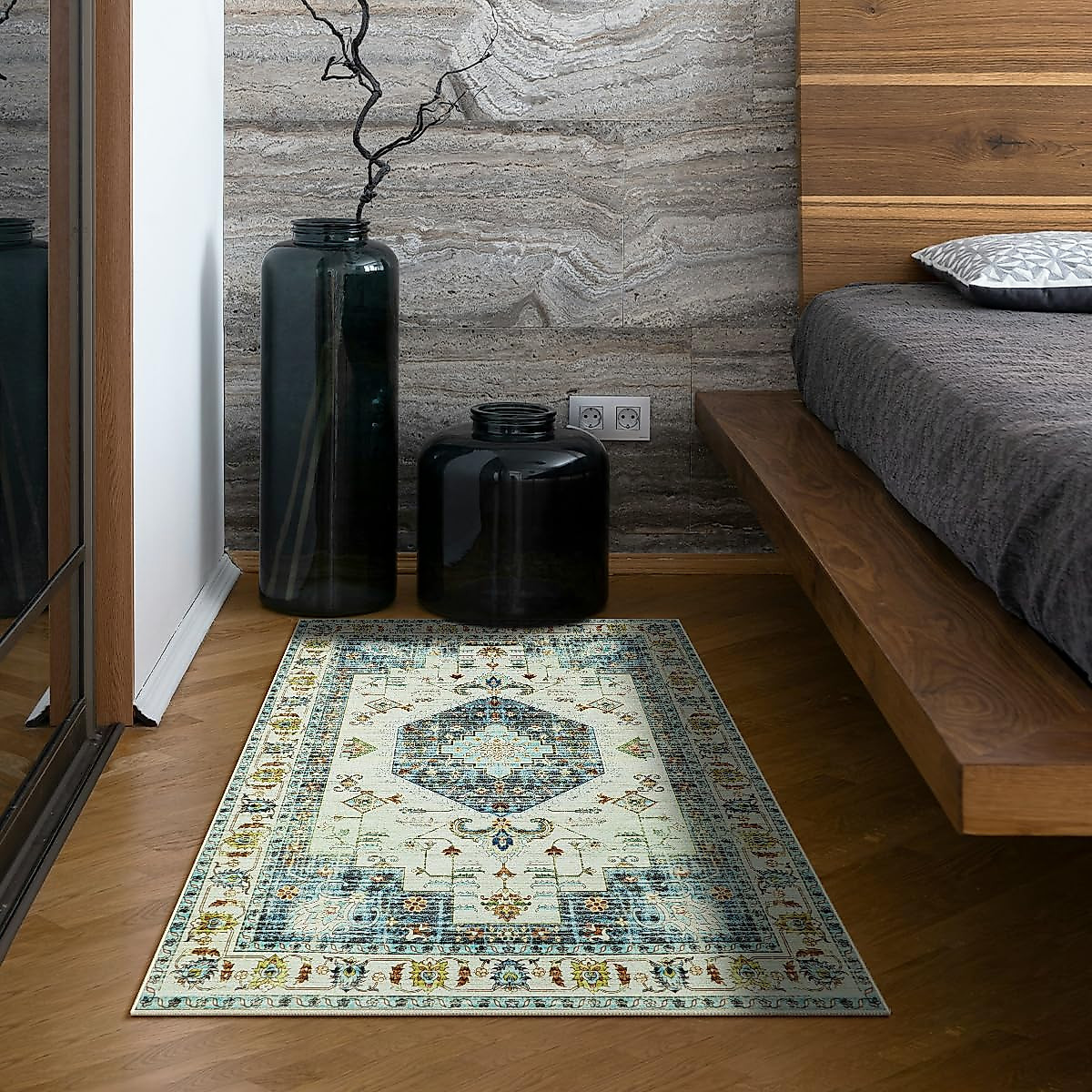 4x6 Small Boho Area Rug & Carpet for Bedroom, Entryway, and Living Room – Soft, Machine Washable Fabric with Non-Slip TPR Backing and Sturdy Sewn Edges