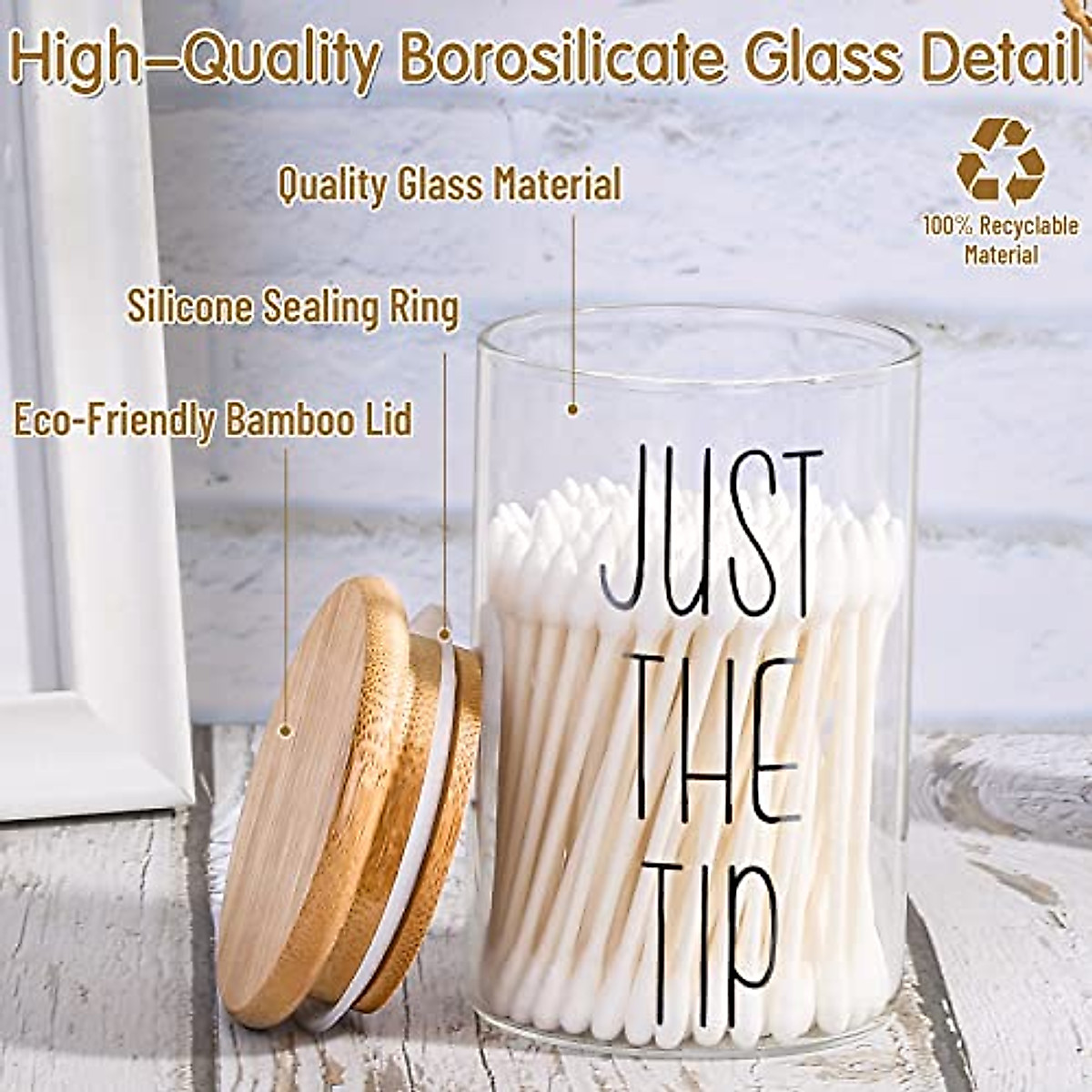 4 Pack Qtip Holder Glass Dispenser with Bamboo Lids for Bathroom Organization, Apothecary Jars for Cotton Ball Holder and Bathroom Canister Storage Great for Cotton Swabs, Balls, Floss, Bathroom Décor