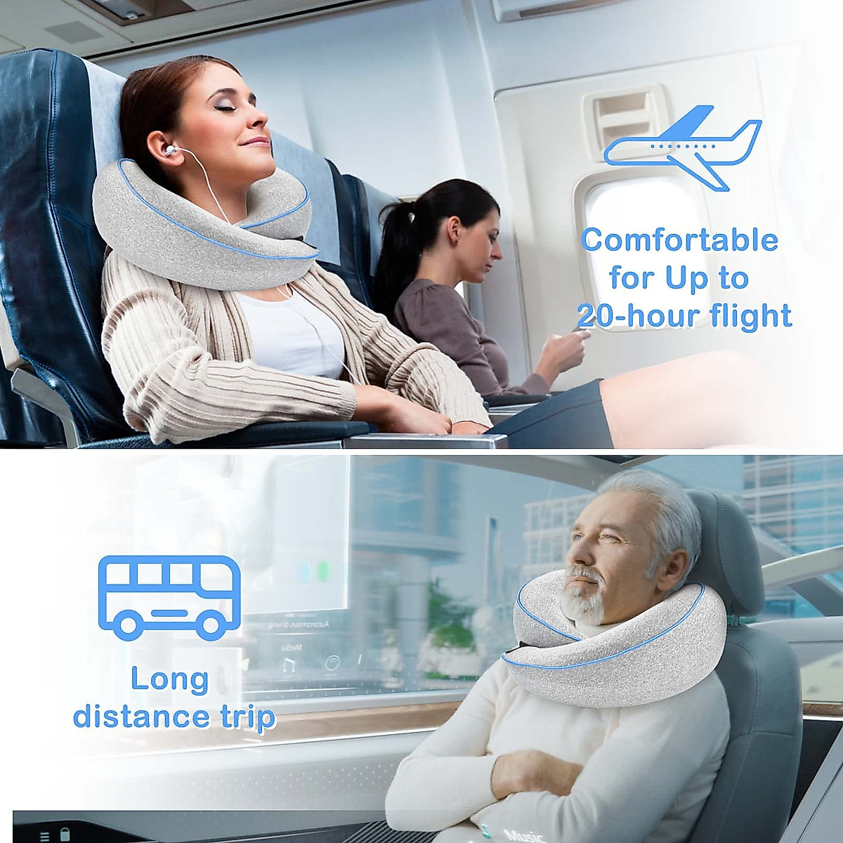 Cozary Travel Neck Pillow Portable Soft Memory Foam Neck Support Travel Pillow U Shape Supportive Adjustable Neck Pillows with Skin Friendly Breathable Cover for Travel Office Car Bus Plane Grey